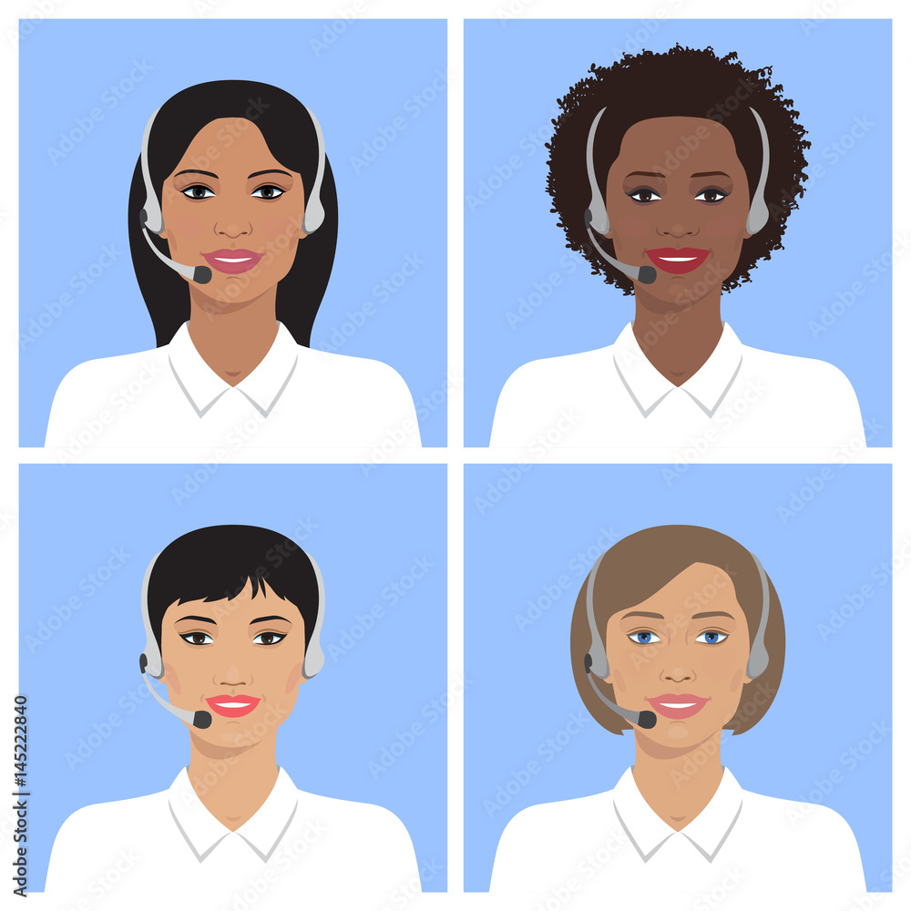 Vector set of call-center operators of different nation in headsets ...