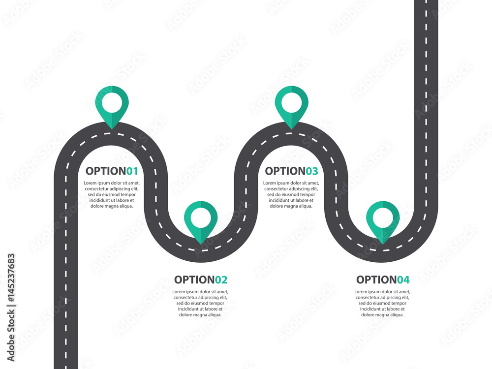Infographic template. Double tail road with pin-pointers. Four steps or ...