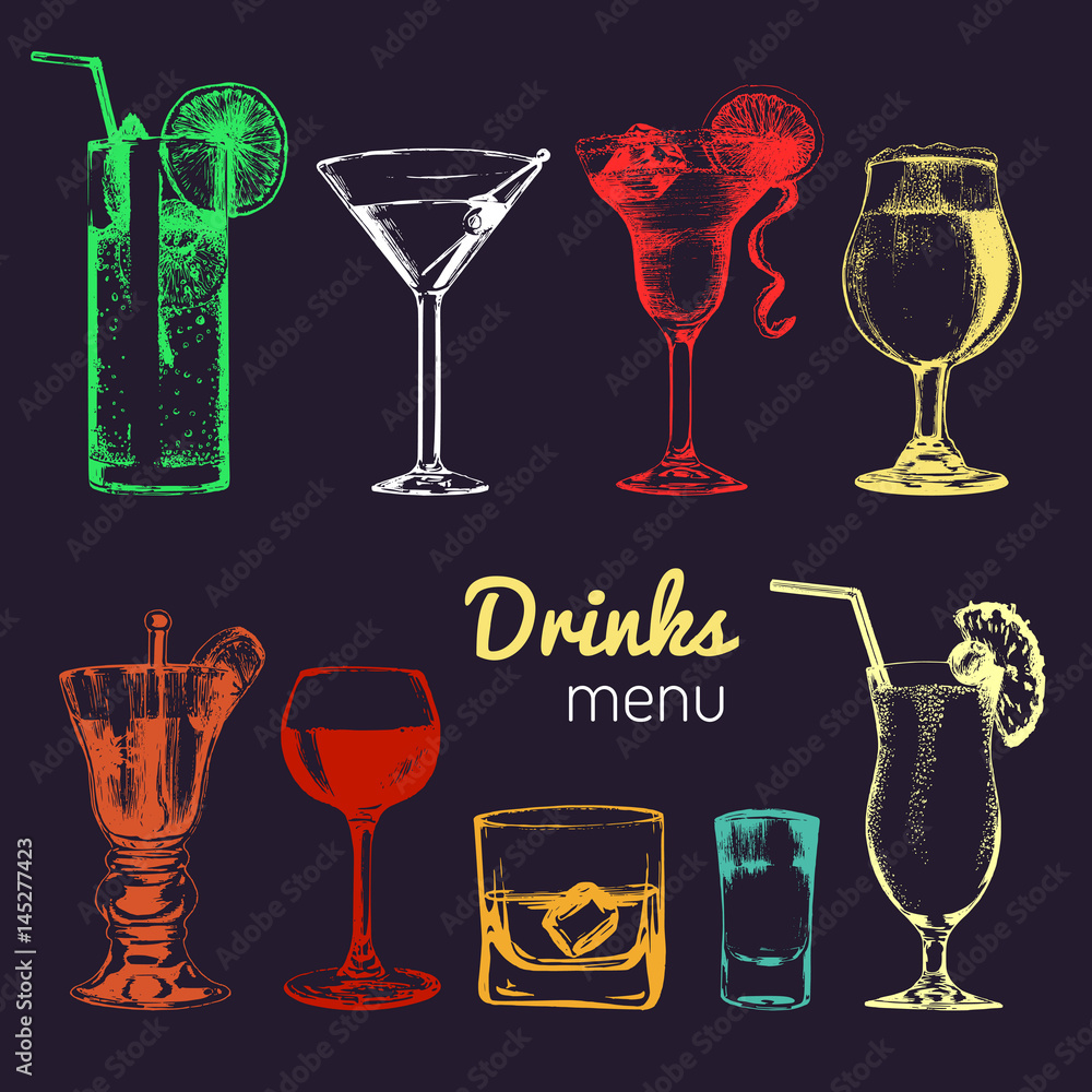 Cocktails, drinks and glasses for bar, restaurant, cafe menu. Hand ...
