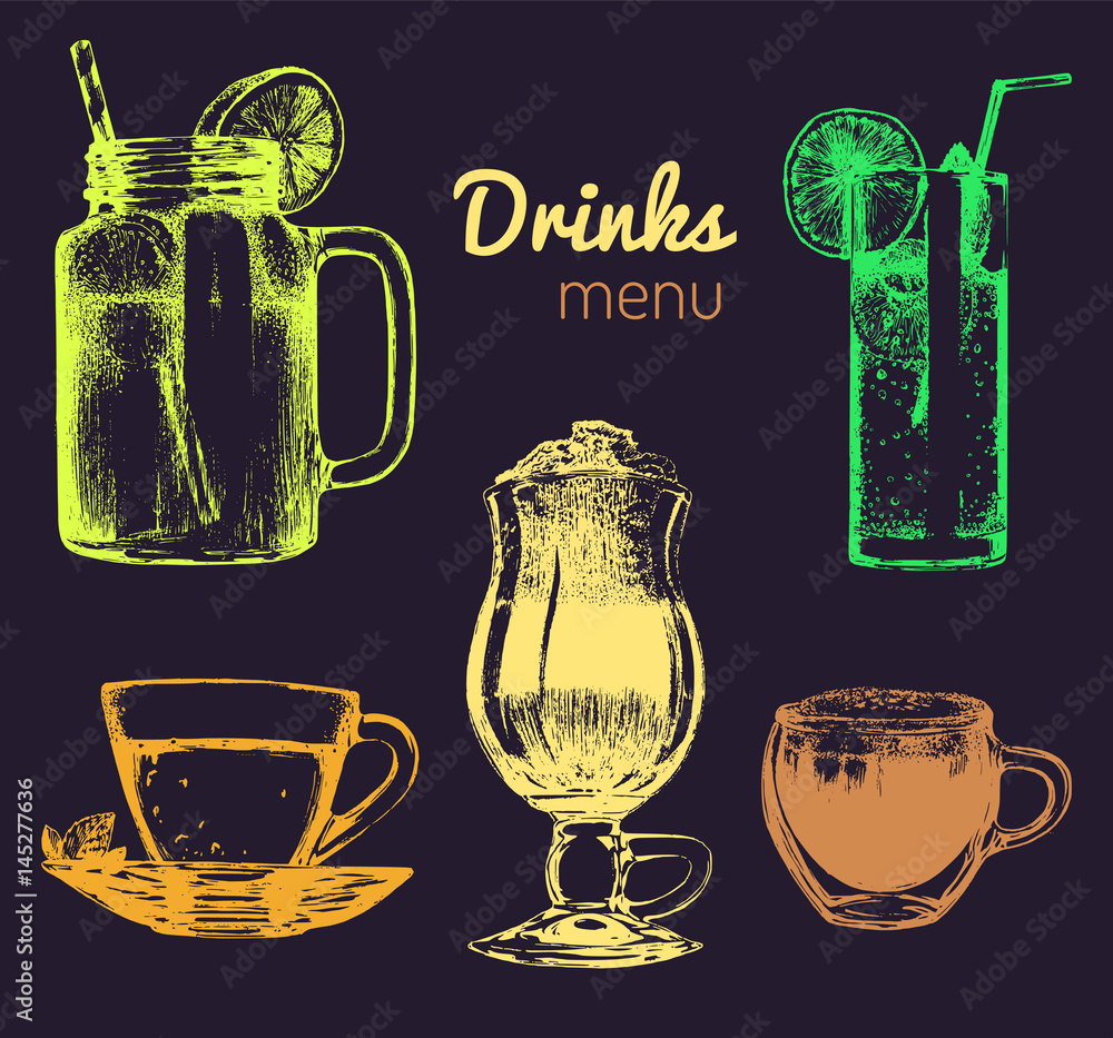 Soft drinks and glasses for bar,restaurant,cafe menu. Hand drawn ...