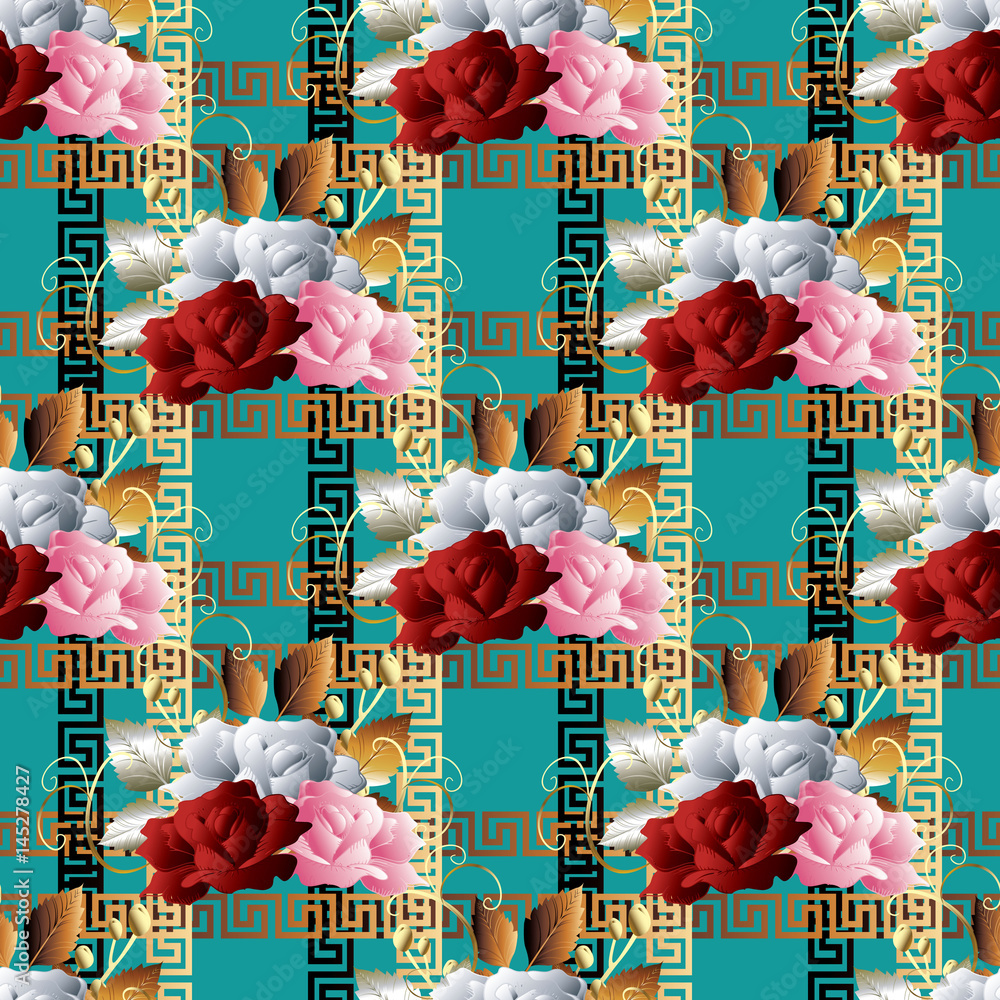 Floral 3d roses seamless pattern. Blue vector stripe background ...