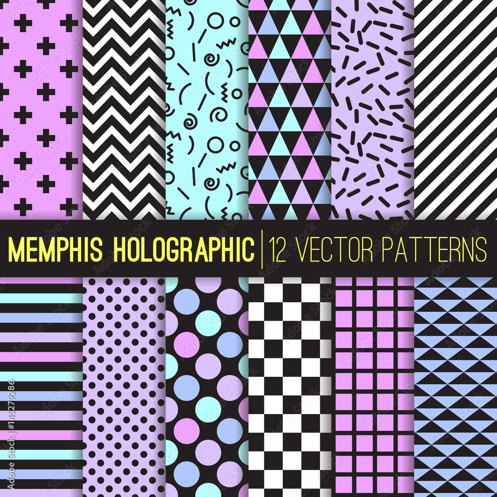 Memphis Style Holographic Geometric Vector Patterns. Halftone Dots ...