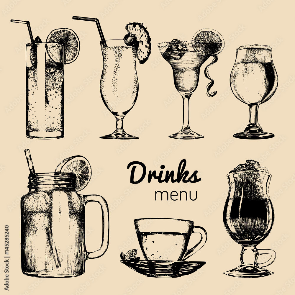 Cocktails,soft drinks and glasses for bar,restaurant,cafe menu. Hand ...