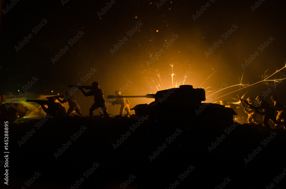 Tanks in the conflict zone. The war in the countryside. Tank silhouette ...