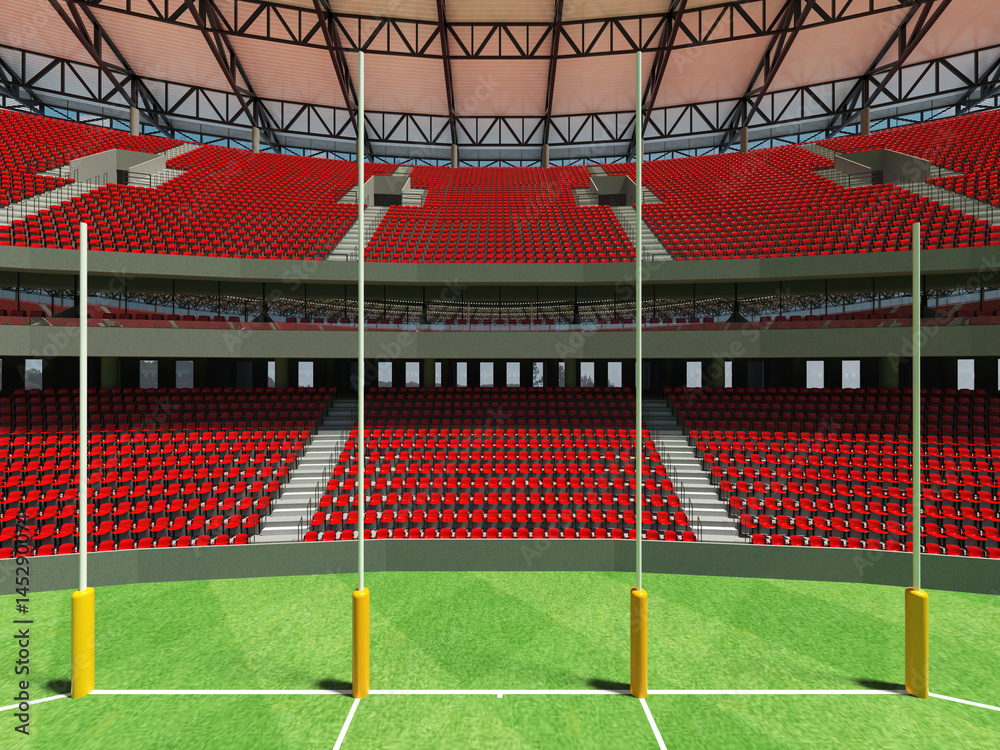 3D render of a round Australian rules football stadium with red seats ...