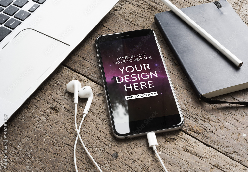 Smartphone with Headphones Mockup 4 Stock Template | Adobe Stock