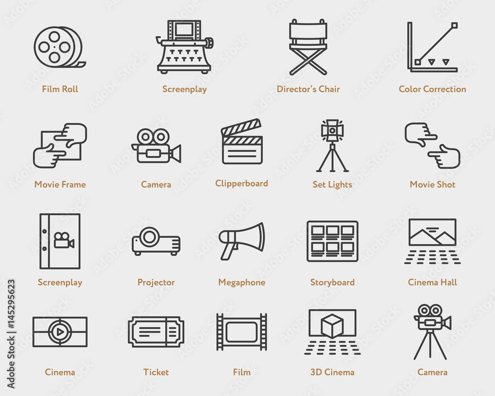 Movie Flat Line Icon Collection. Camera Film, Spotlight, Script ...