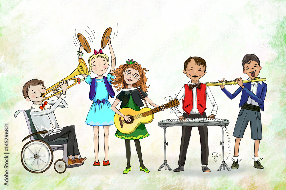 Group of kids, include the boy in the wheelchair, playing different ...