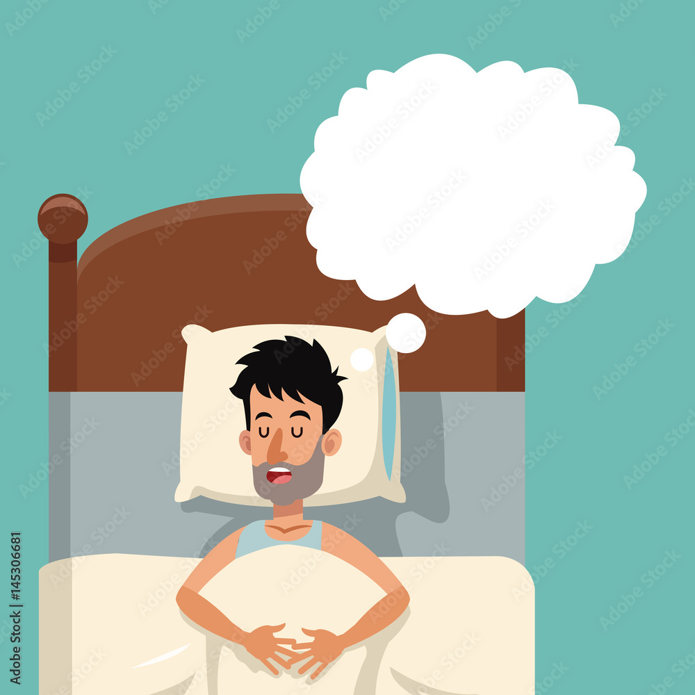 cartoon unhealthy man sleep bed dreaming vector illustration eps 10 ...
