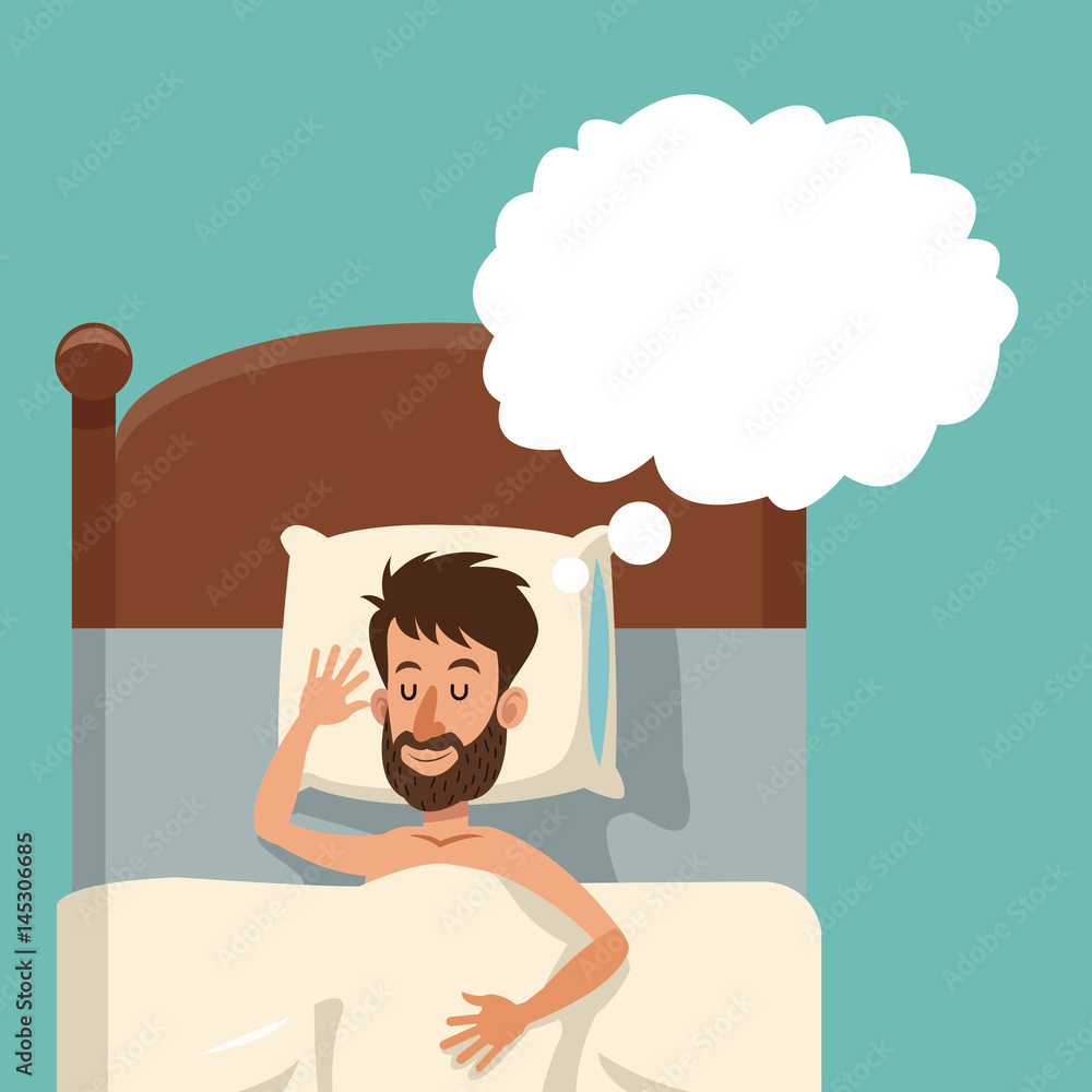 cartoon bearded man sleeping dream shirtless bed vector illustration ...