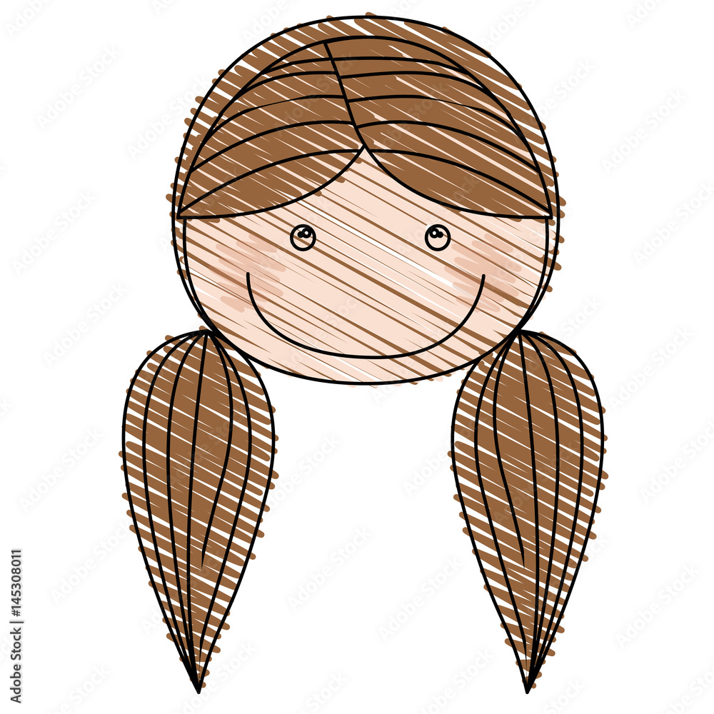 color pencil drawing of caricature front face girl with brown pigtails ...