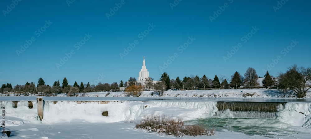 Idaho Falls in winter with temple Stock Photo | Adobe Stock