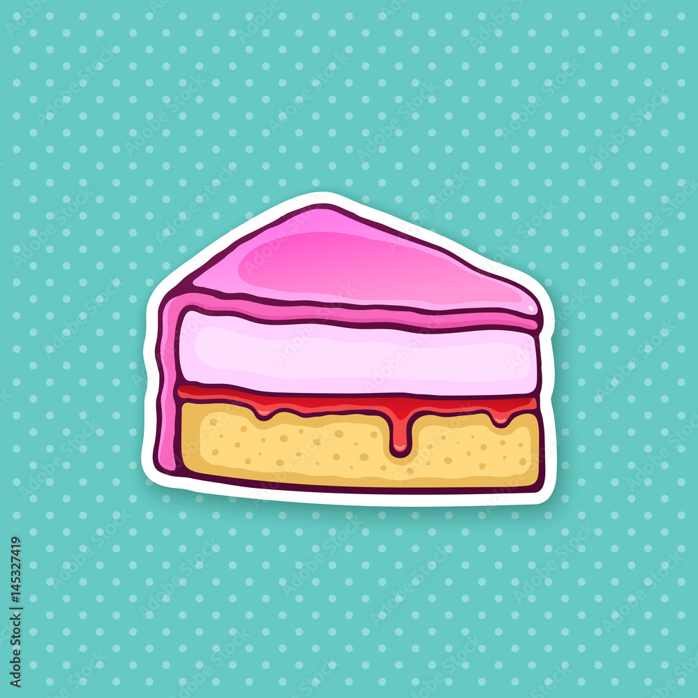 Vector illustration. A piece of cake with pink glaze cream fondant and ...