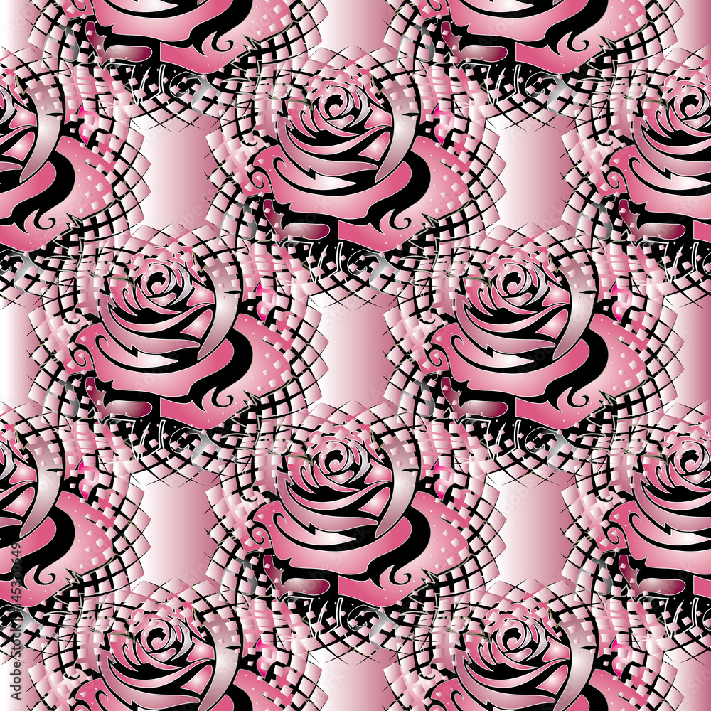 Pink 3d roses seamless pattern background wallpaper with 3d flowers and ...