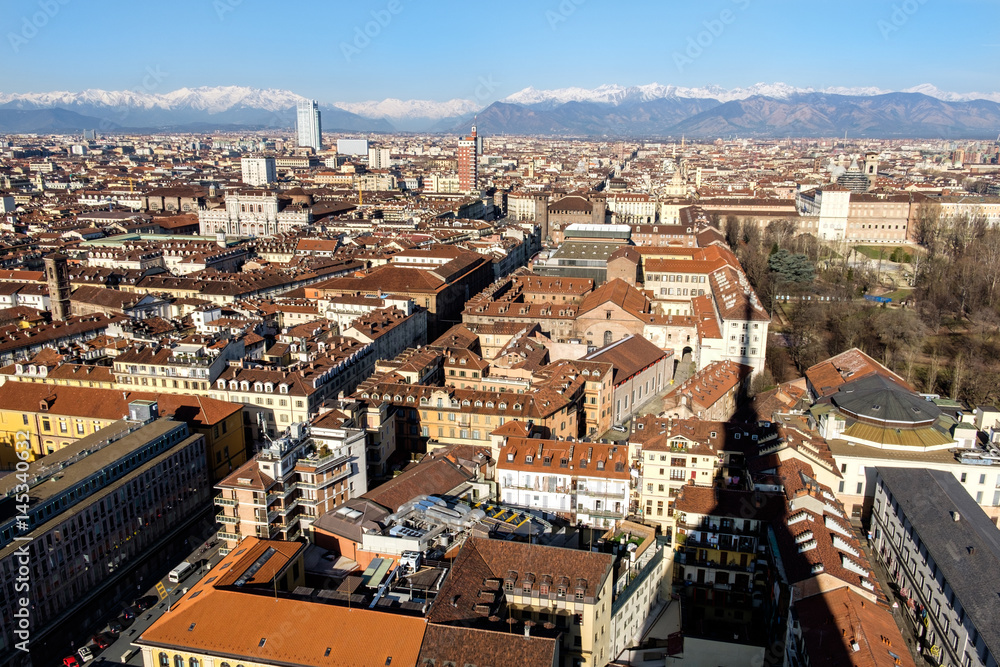 Aerial view of Torino, Italy from the top of the Mole Antonelliana ...