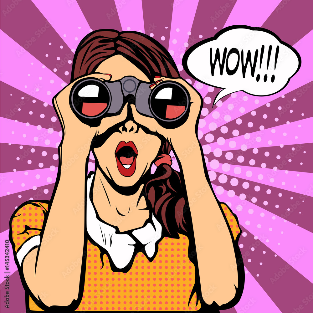 Wow Pop Art Female Face Sexy Surprised Woman With Open Mouth Holding