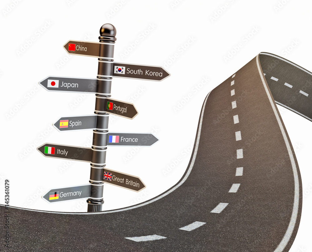 Travel destination and journey concept, direction signpost with flags ...