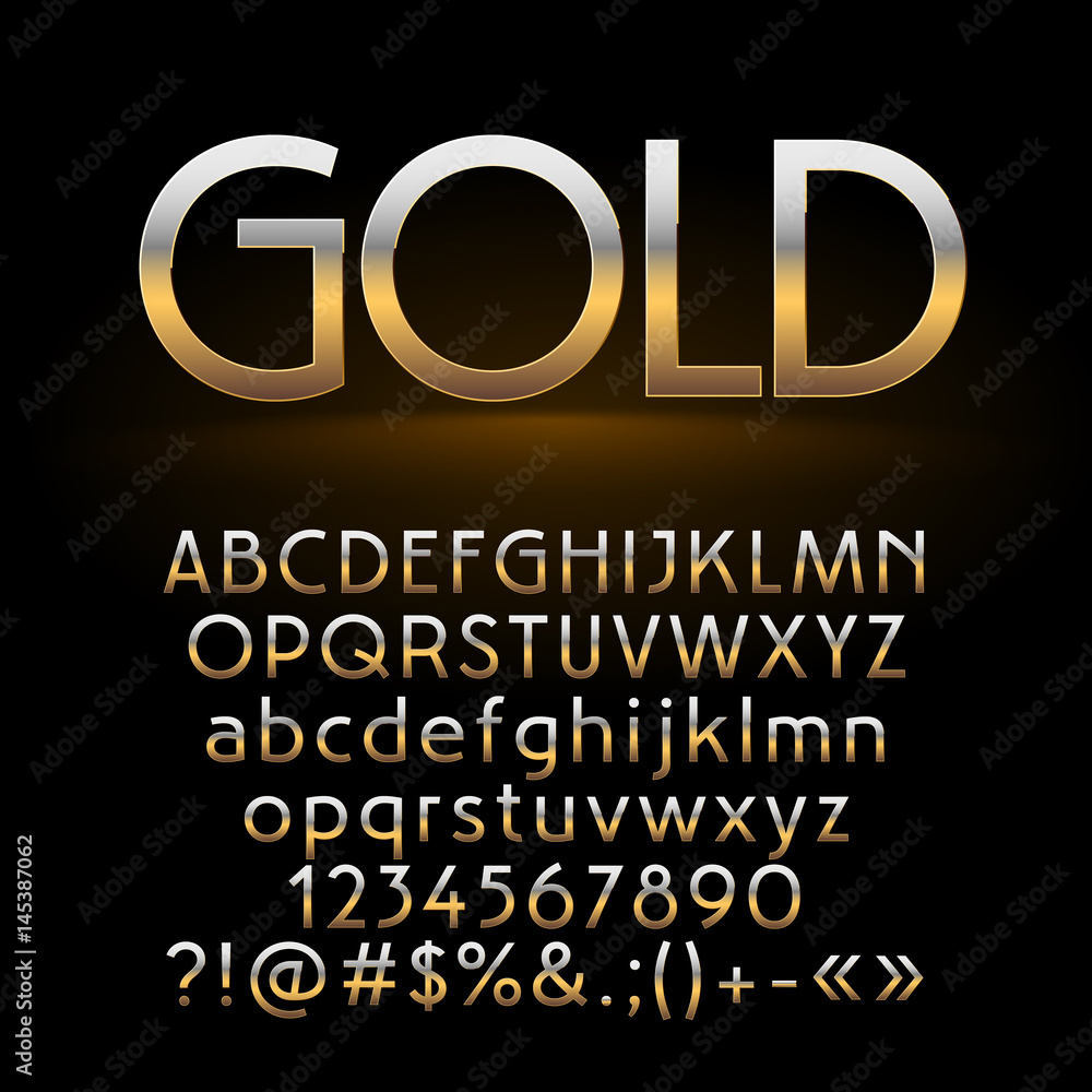 Vector set of shiny gold letters, symbols and numbers on dark ...