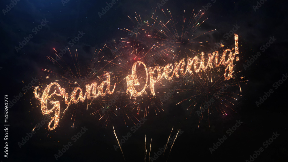 Grand Opening greeting text with particles and sparks on black night ...
