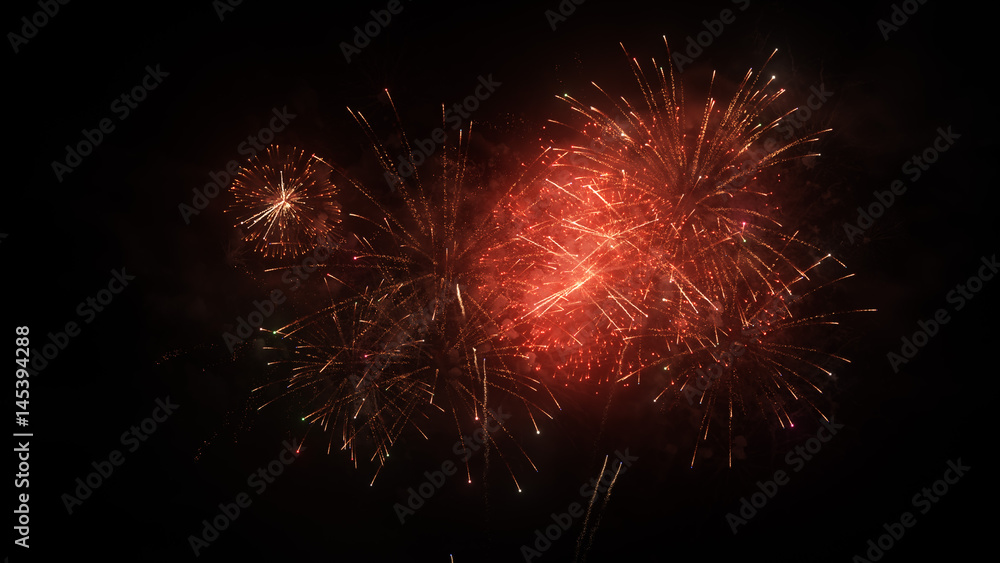A set of slow motion fireworks on black background, isolated sequence ...