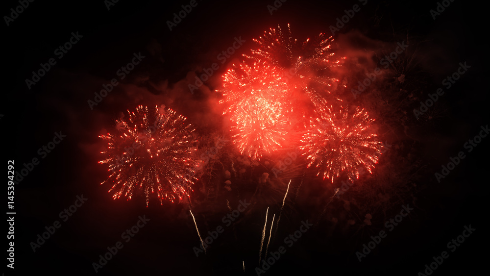 A set of slow motion fireworks on black background, isolated sequence ...