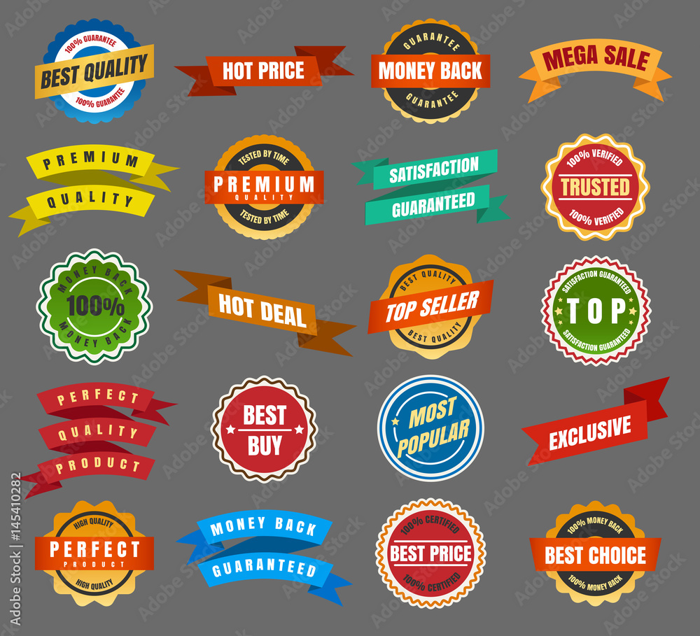Round labels and stickers, ribbon dockets and tags, rounded badges ...