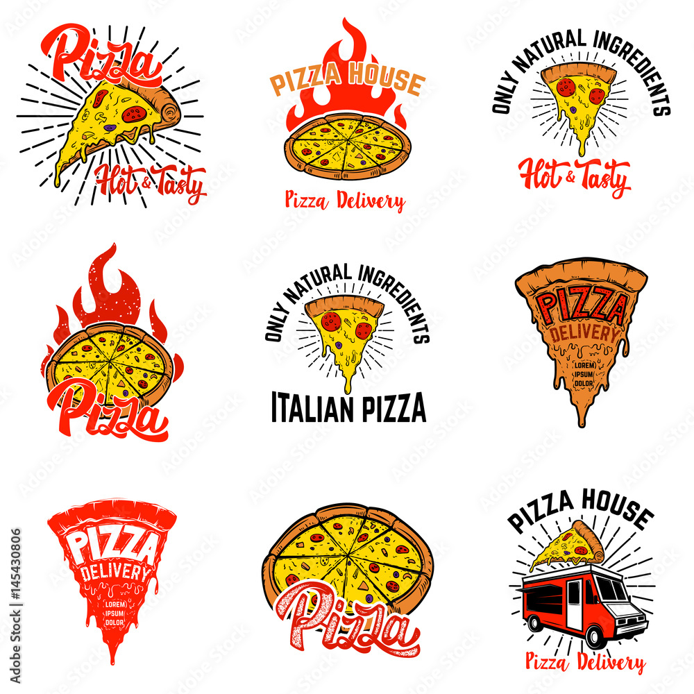 Set of pizza labels. Design elements for logo,emblem, sign, poster ...