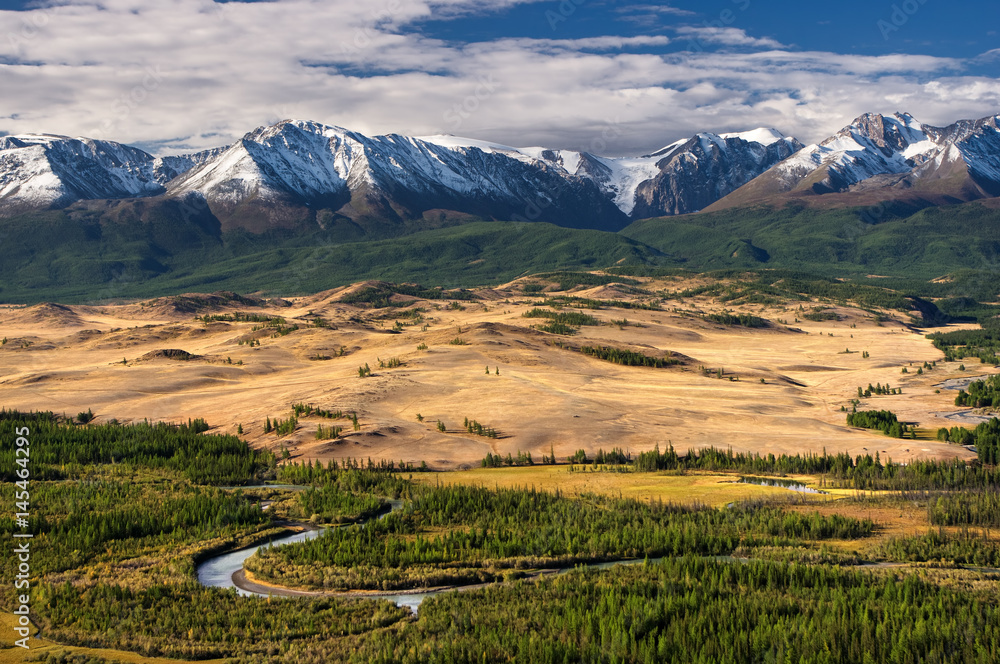 Top high view to highland steppe river plateau valley with yellow grass ...