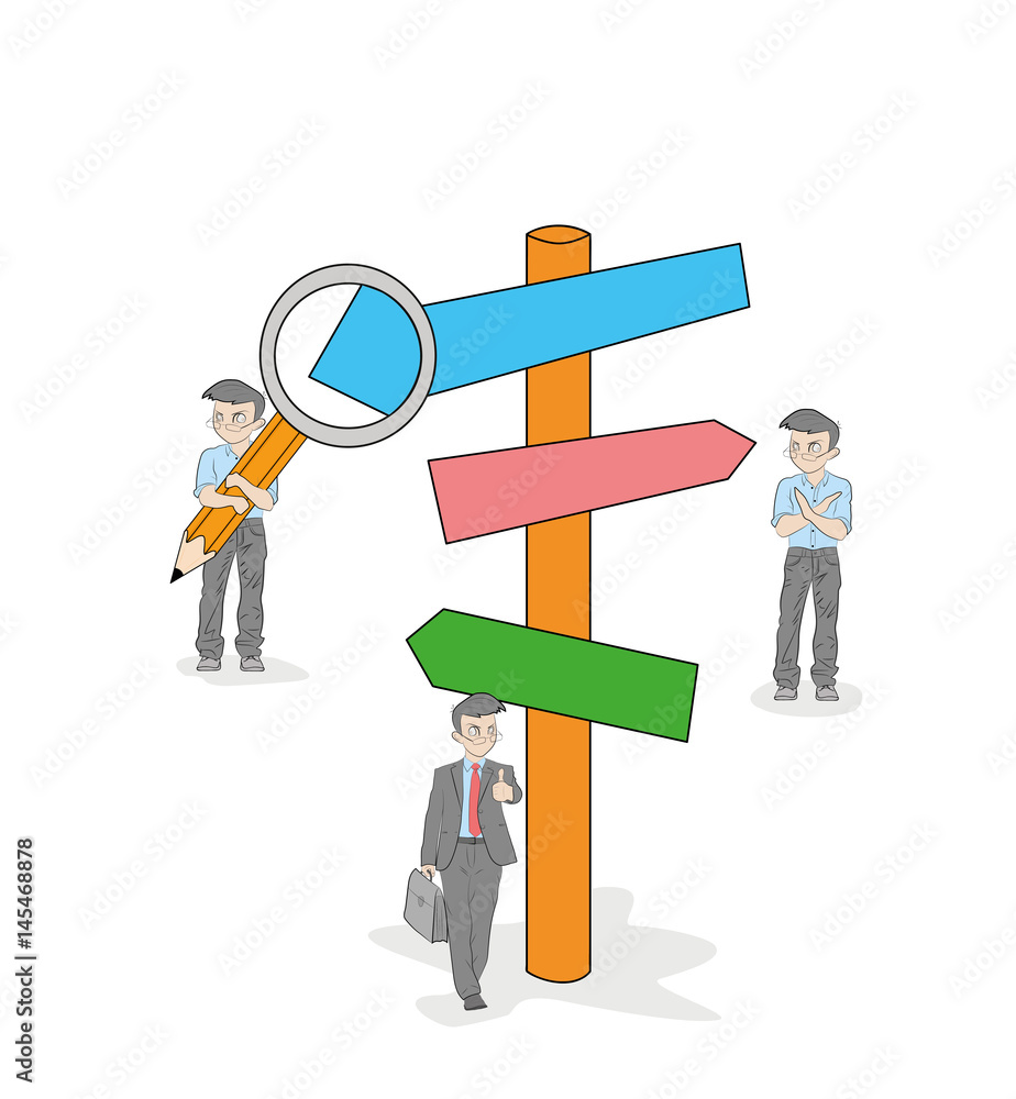 Sketch of working little people with road sign. Doodle cute miniature ...