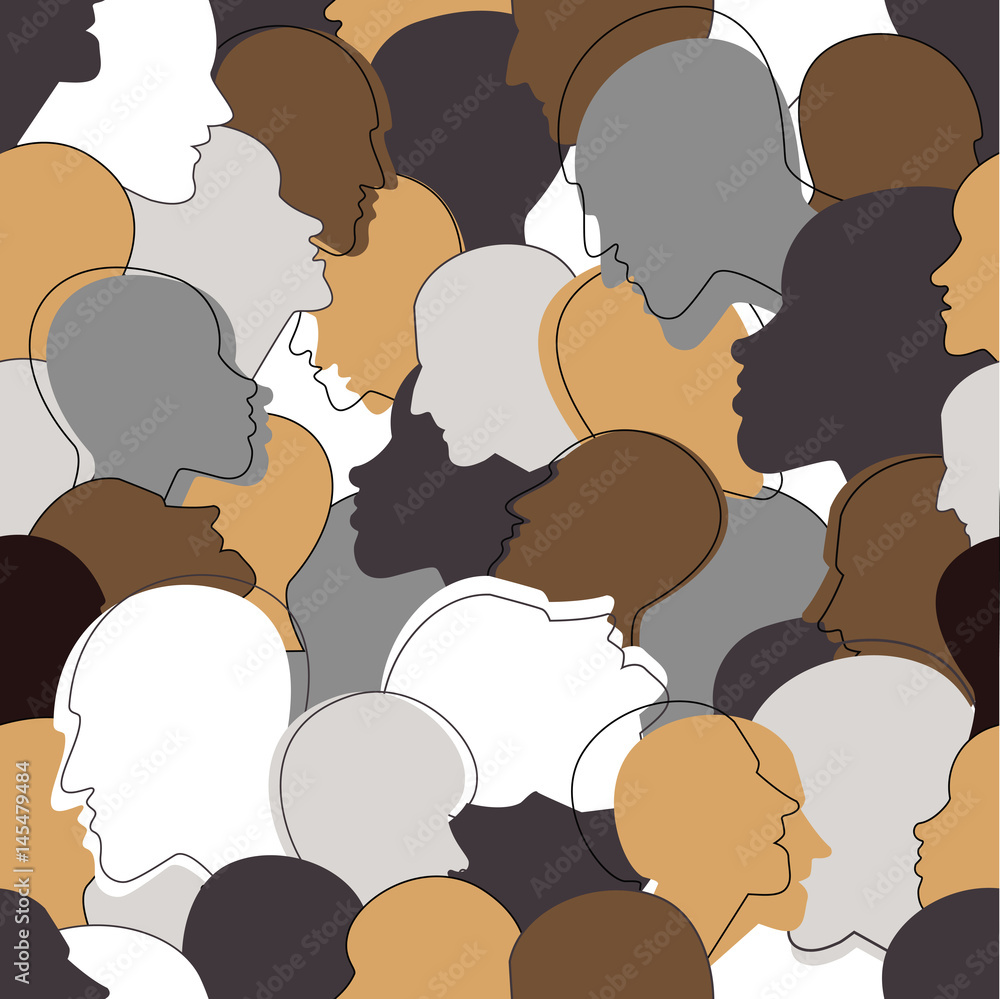Seamless pattern of a crowd of many different people profile heads ...