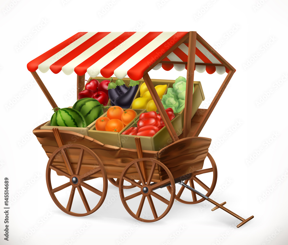 Fresh produce market. Cart with fruits and vegetables, 3d vector icon ...