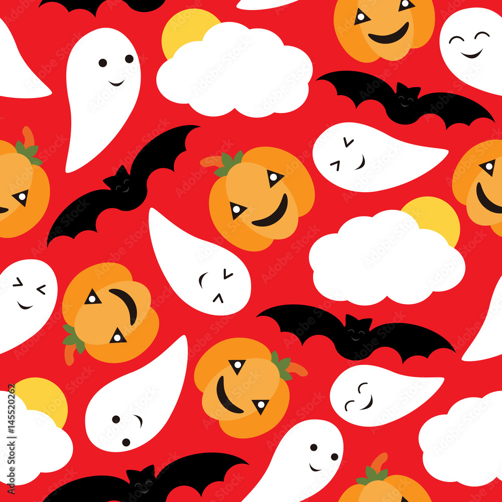 Seamless pattern of Cute pumpkin, bat and ghost vector cartoon on red ...