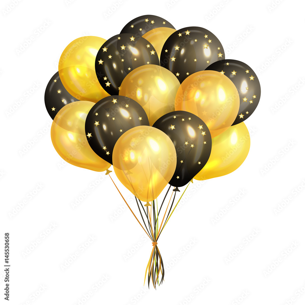 Bunch of realistic black and gold helium balloons isolated on white ...