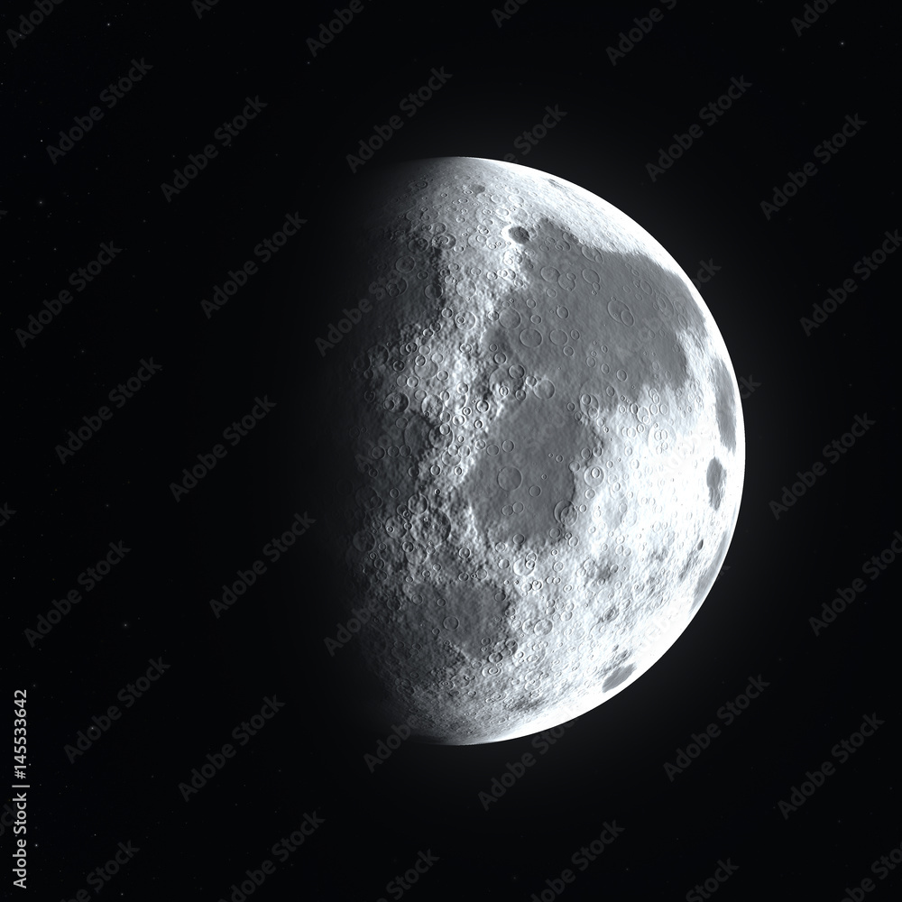 Big bright detailed half moon surface close up starting to go in a ...