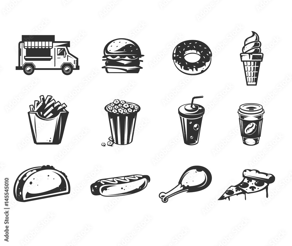 Set of vector black icons - car fast delivery of food or food truck ...