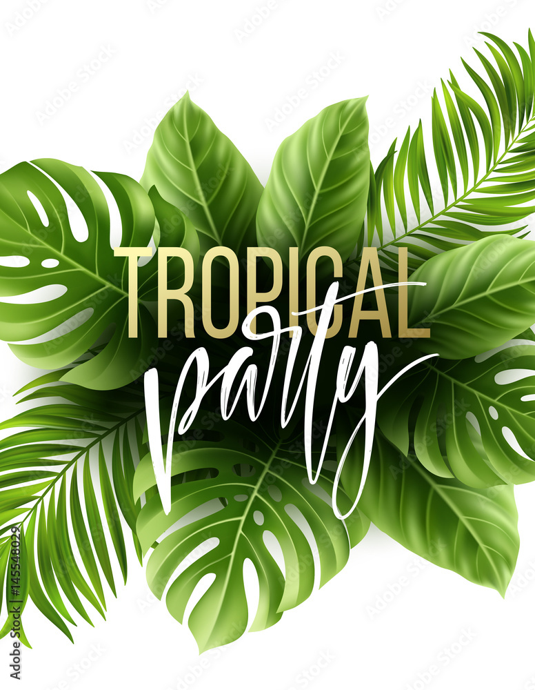 Summer tropical leaf background with exotic palm leaves. Party flyer ...