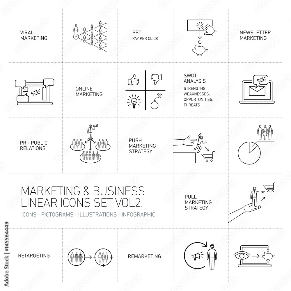 vector marketing and business icons set volume two | flat design linear ...