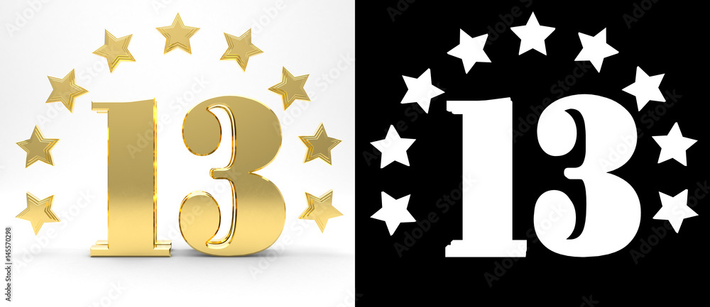 Golden number thirteen on white background with drop shadow and alpha ...
