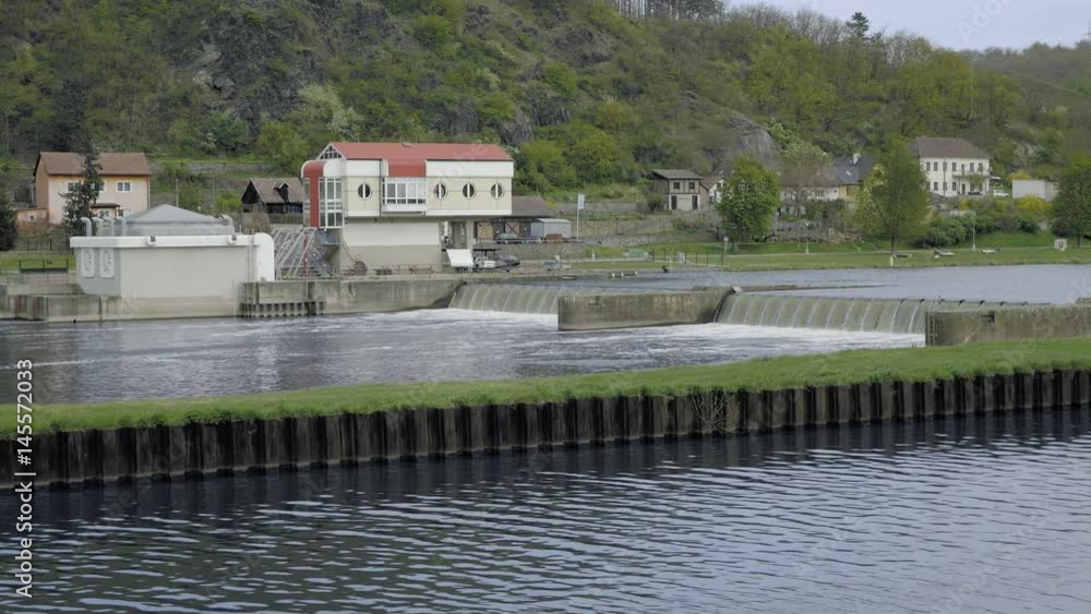 Water weirs, overflowing water into small dams. Static shot of river ...