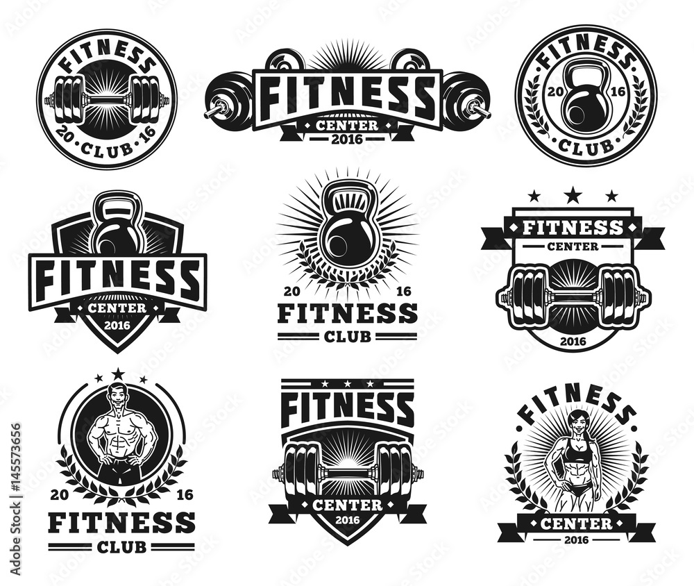 Set of bodybuilding emblems, badges, stickers isolated on white. Stock ...
