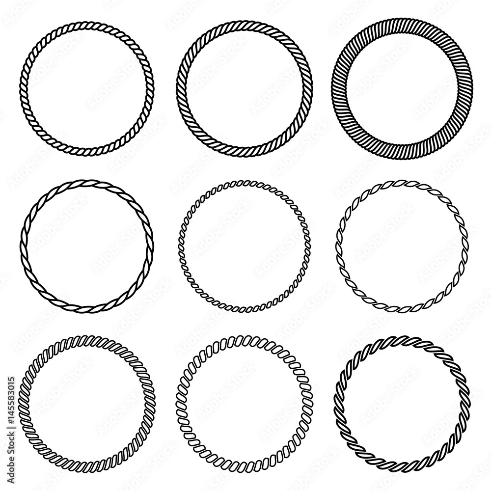 Vector set of round rope frame. Collection of thick and thin circles ...