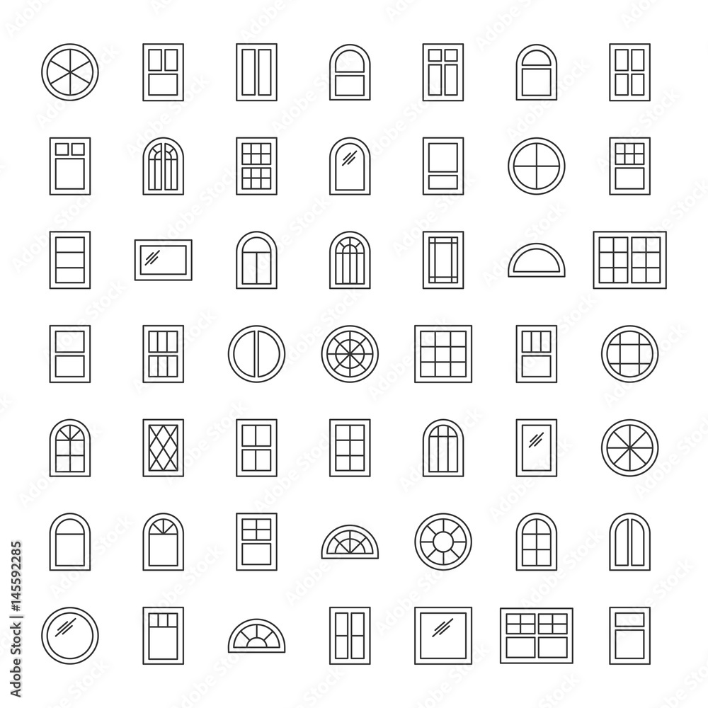 Windows icon collection. Set of thin line window contours isolated on ...