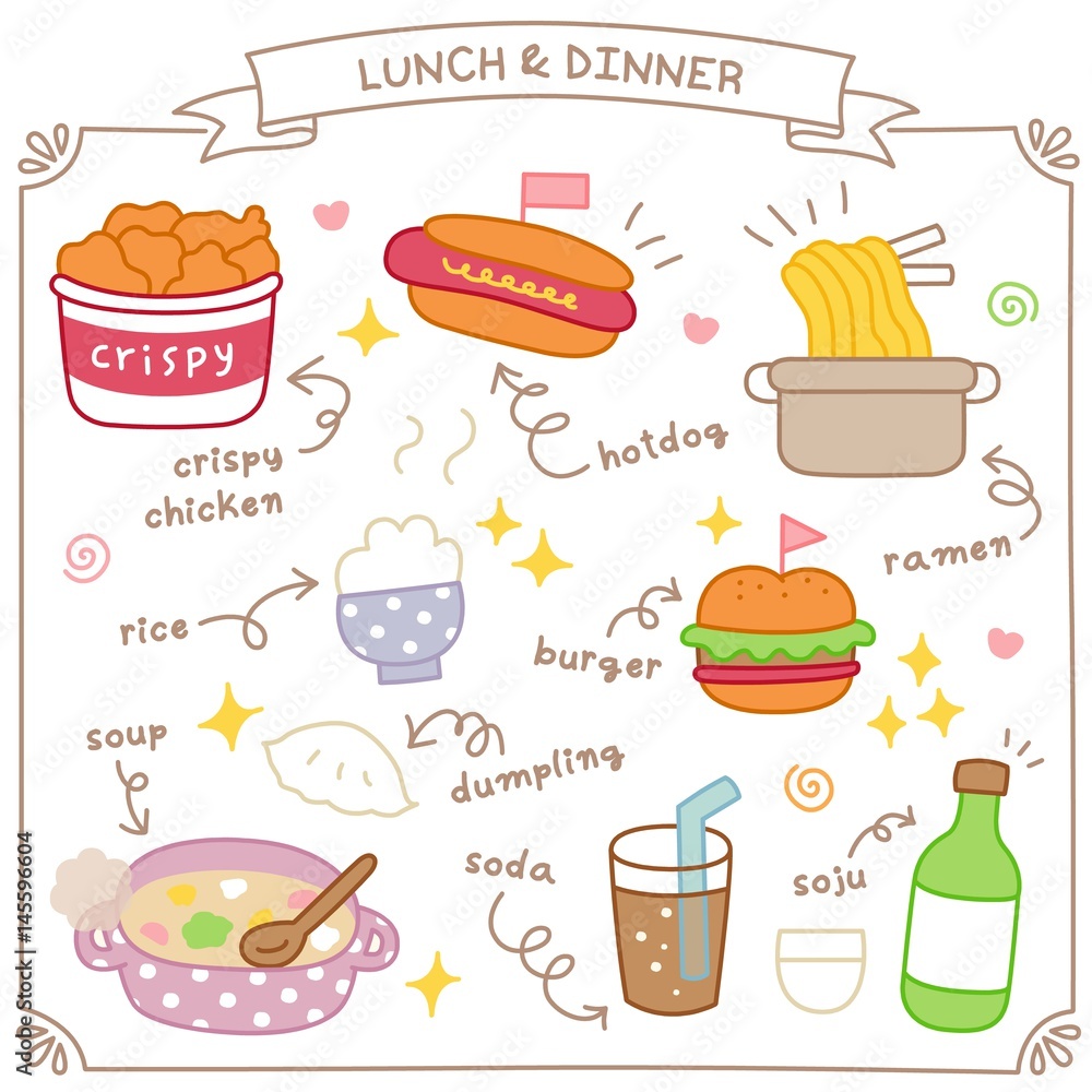 Set of Cute Lunch and Dinner Doodle Stock Vector | Adobe Stock