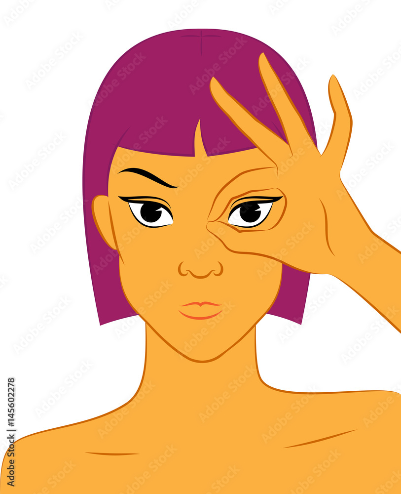 Eye Sign. Unique Vector Drawing of a Young Girl making an eye sign with ...