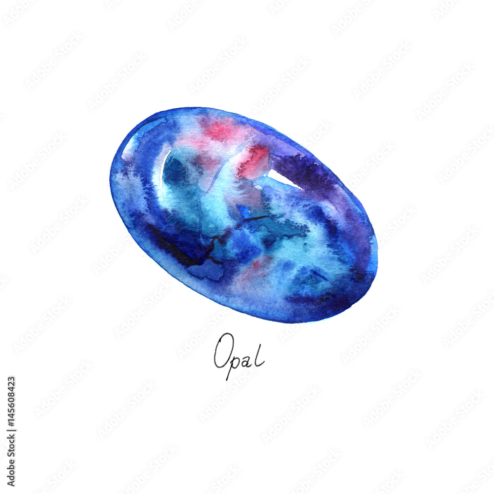 Watercolor Opal isolated on white background. Realistic illustration of ...