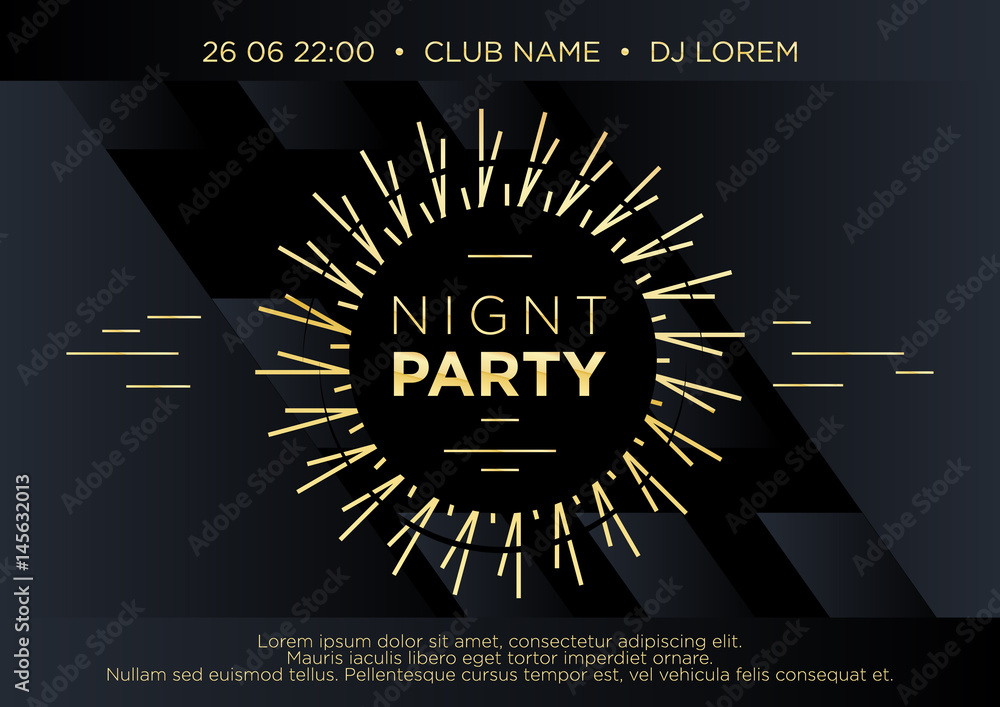 Horizontal black night party background with golden graphic elements ...
