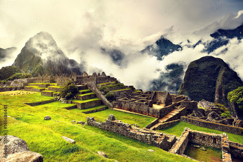 View of the ancient Inca City of Machu Picchu. The 15-th century Inca ...
