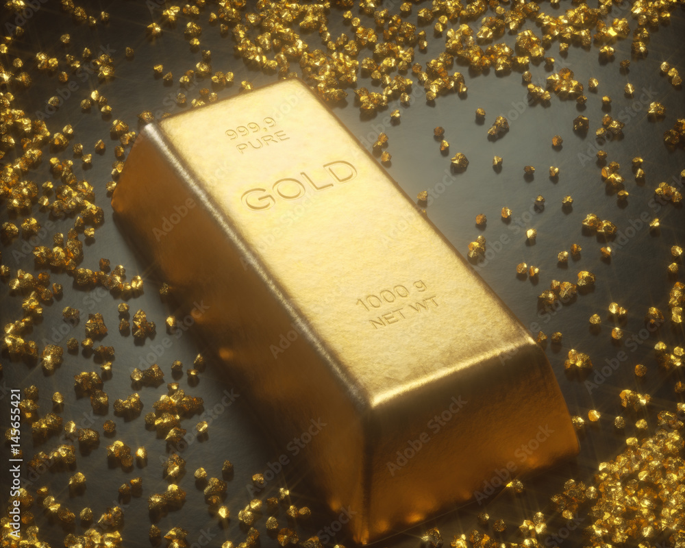 Gold bar 1000 grams, in the middle of gold nuggets. Gold exploration ...