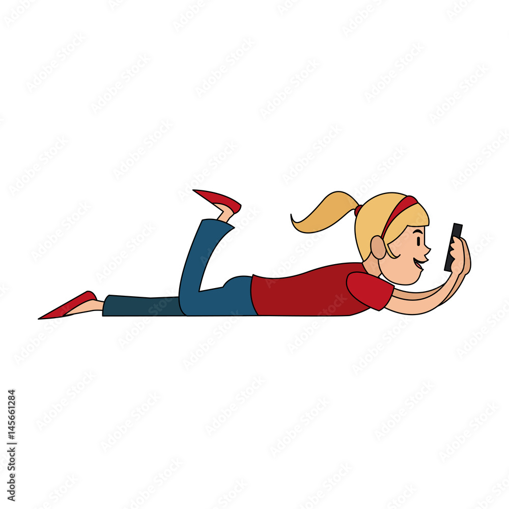 woman lying down using phone icon image vector illustration design ...
