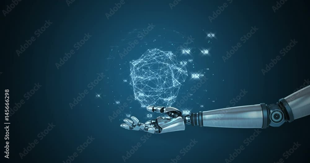 Robotic hand presenting polygon structure against blue background Stock ...